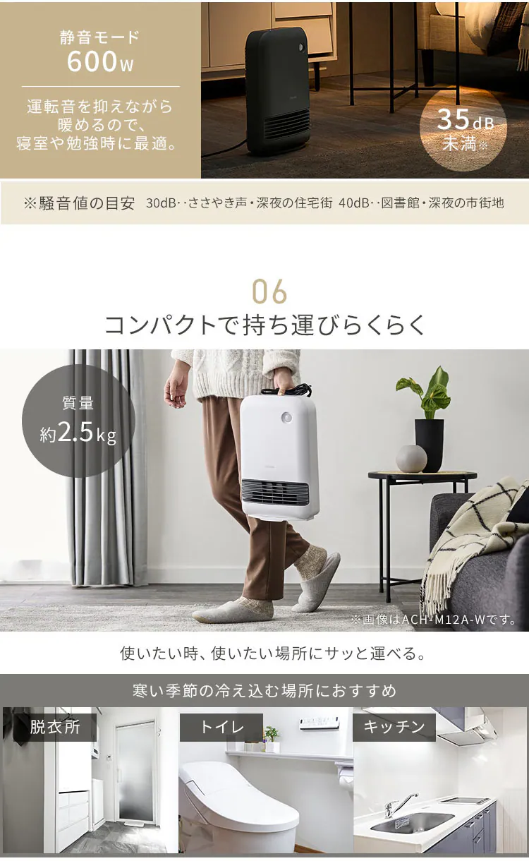 セラミックヒーター 人感センサー KCH-M121-W 風量3段階 切タイマー付 大風量 H296308